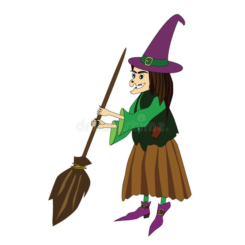 Heks met een bezem vector illustratie. Illustratie bestaande uit ...