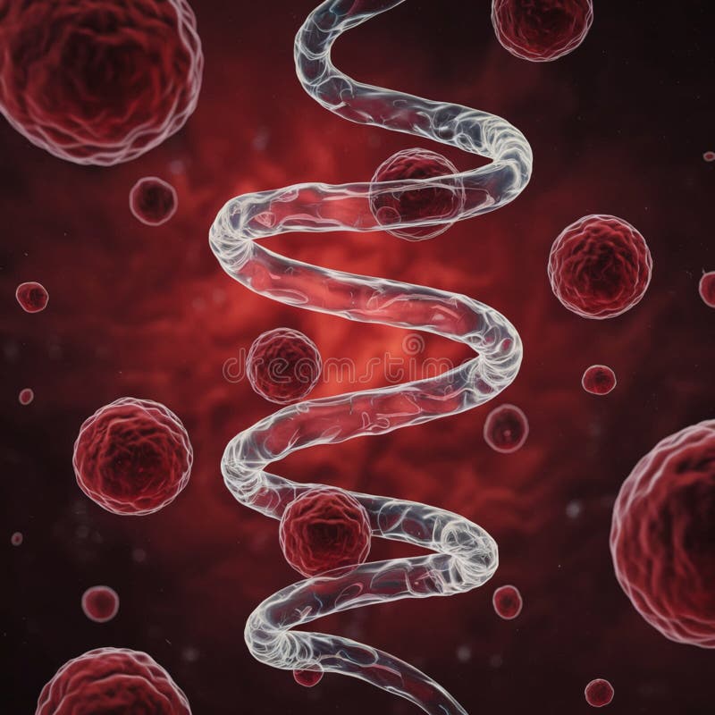 Helical Structures Intertwine with Red Blood Cells, Set Against a Deep ...