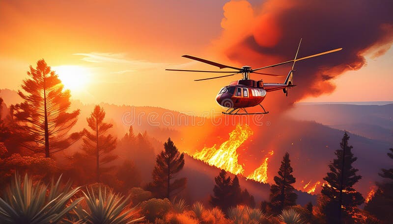 Helicopter Battling a Wildfire at Sunset Stock Illustration ...