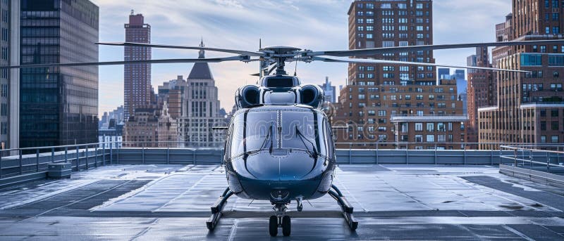 Helicopter on City Rooftop Ready for Takeoff or Landing. Stock ...