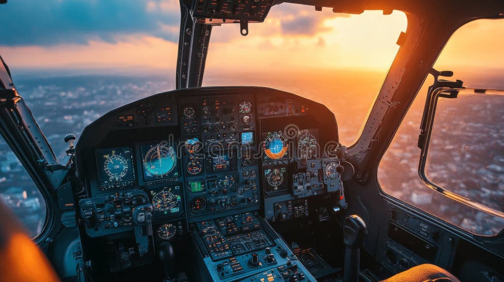 Helicopter Cockpit Sunset Flight Scenic View Stock Illustration ...