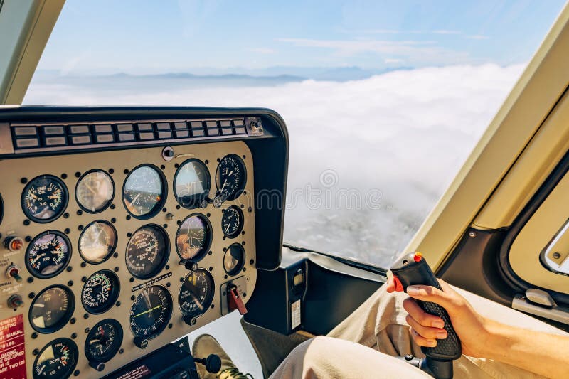 Helicopter Dashboard. Pilot Holding Hand Cyclic Control Lever Flying ...