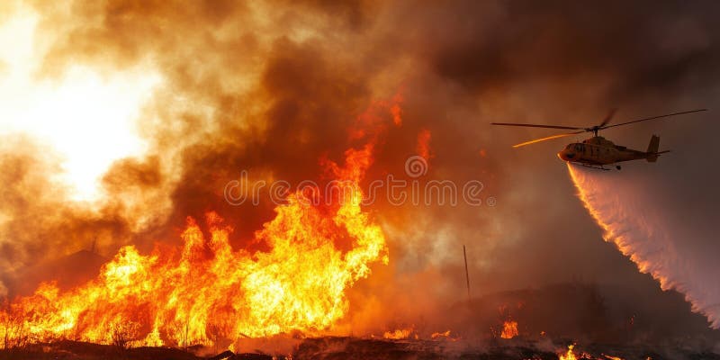 Helicopter Dousing Wildfire Flames with Water in Intense Forest Blaze ...