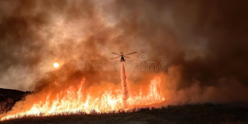 Helicopter Dropping Water on Intense Wildfire Under Smoky Orange Sky ...