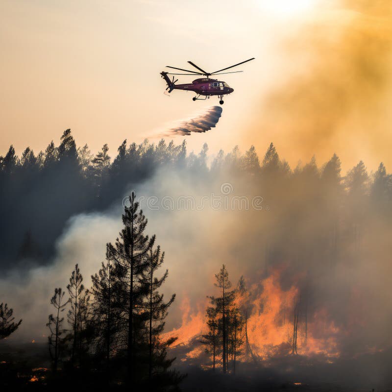 A Helicopter Dropping Water on a Wildfire in Rugged Terrain, Backlit by ...