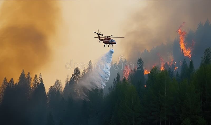 The Helicopter Drops Water To Fight Forest Fires Creating Using ...