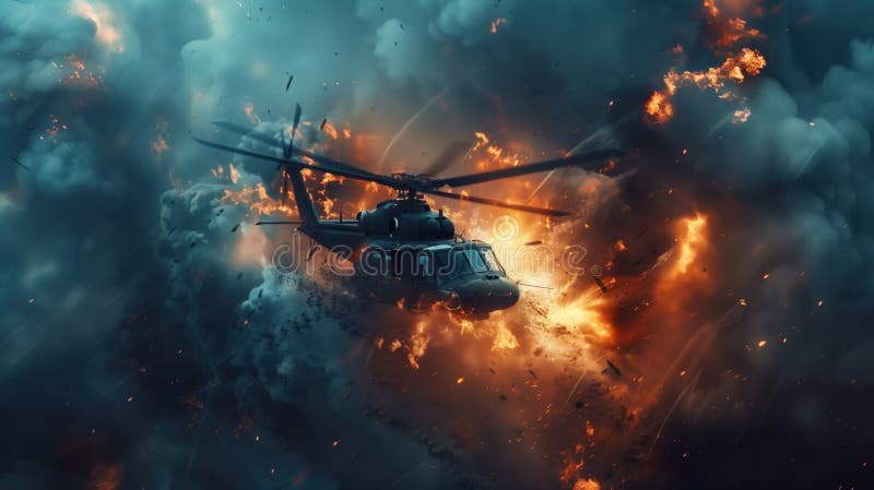 A Helicopter Engulfed in a Massive Explosion Mid-air with Debris. Stock ...