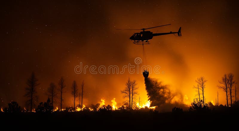 Helicopter Fighting Wildfire at Night, Dramatic Silhouette, Aerial Fire ...
