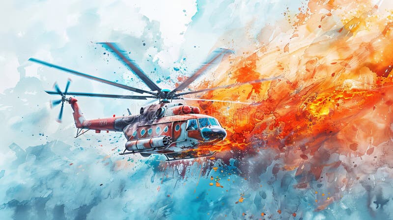 Helicopter on Fire. Burning Chopper with Aquarelle Splashes Stock Image ...