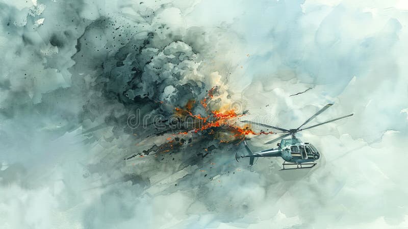 Helicopter on Fire. Burning Chopper with Aquarelle Splashes Stock Photo ...