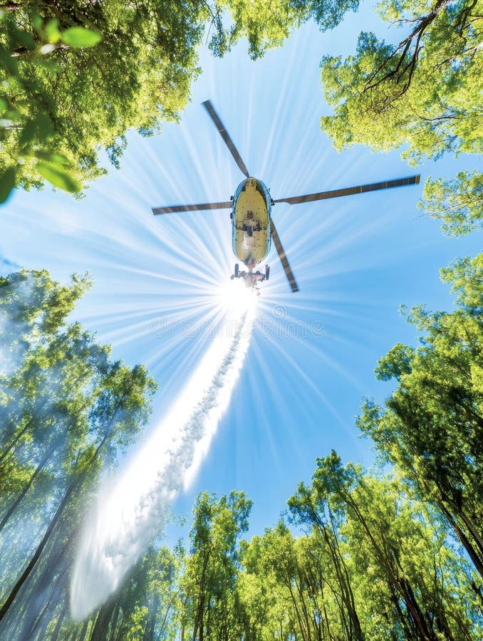 Helicopter Firefighting Operation in Lush Forest with Water Spray and ...