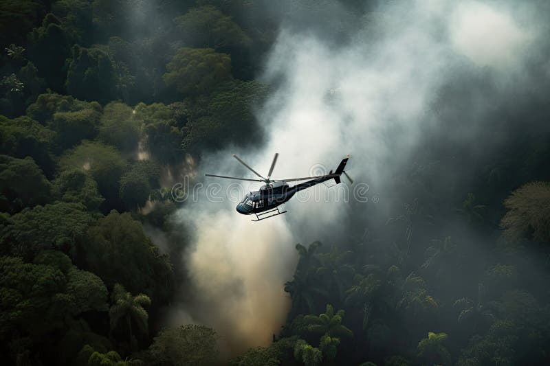 Helicopter Flies Low Over Dense Jungle, with Smoke Billowing from Its ...