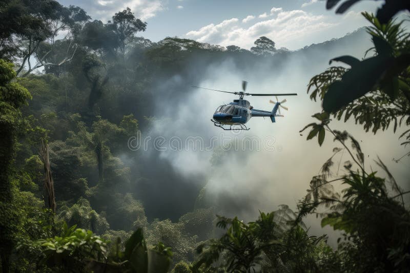 Helicopter Flies Low Over Dense Jungle, with Smoke Billowing from Its ...