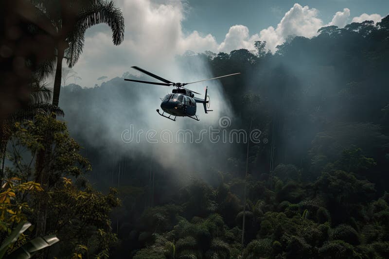 Helicopter Flies Over Dense Jungle, with Smoke Billowing from the ...