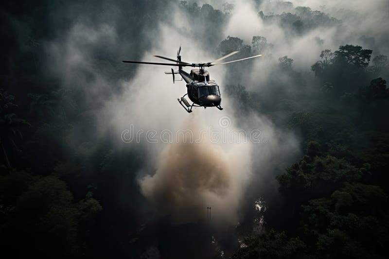Helicopter Flies Over Dense Jungle, with Smoke Billowing Out of Its ...