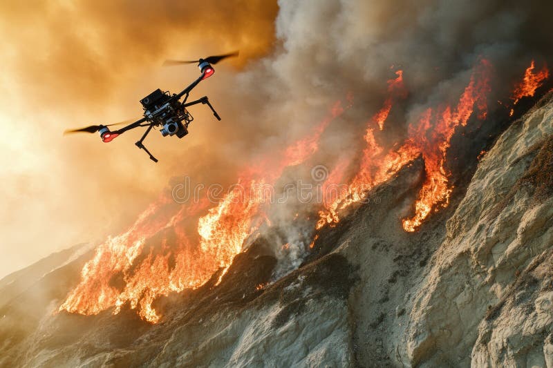 A Helicopter Flies Over a Mountain Range with a Raging Fire in the ...