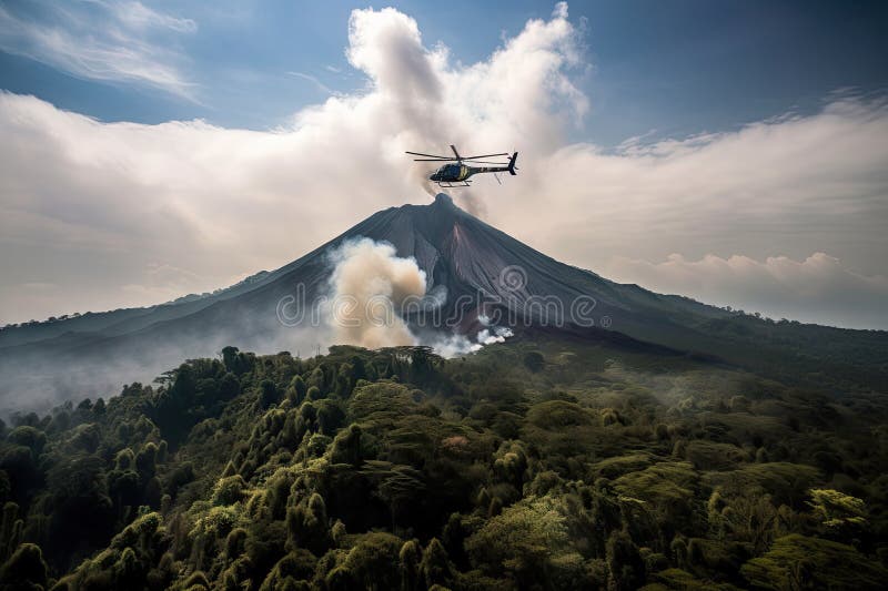 Helicopter Flies Over Smoking Volcano, with View of the Jungle Below ...