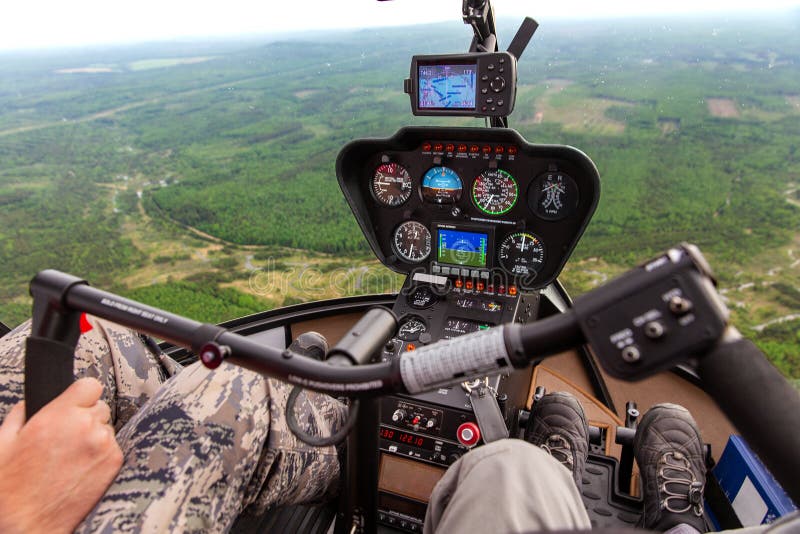 Helicopter Flight Over the Forest. Control Panel of Helicopter ...