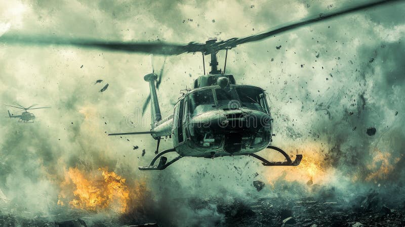 Helicopter Flying in Battlefield with Explosions and Debris Stock Image ...
