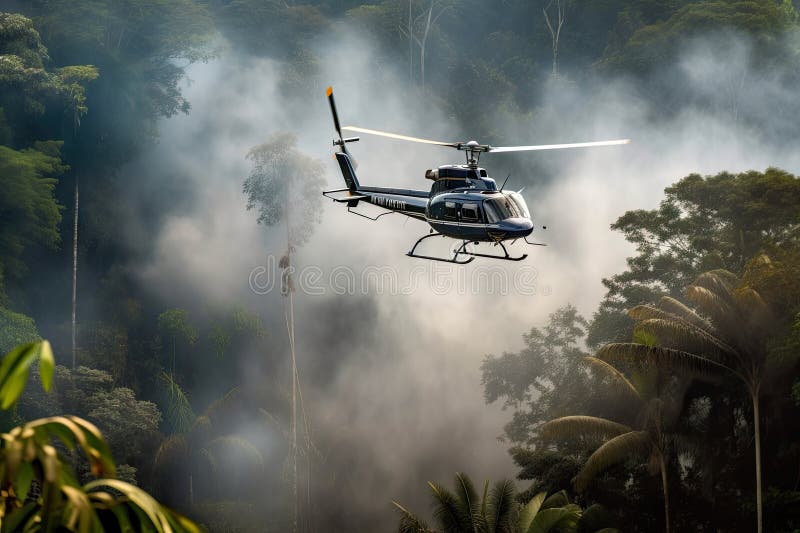 Helicopter Flying through Dense Jungle, with Smoke Rising from the Hot ...
