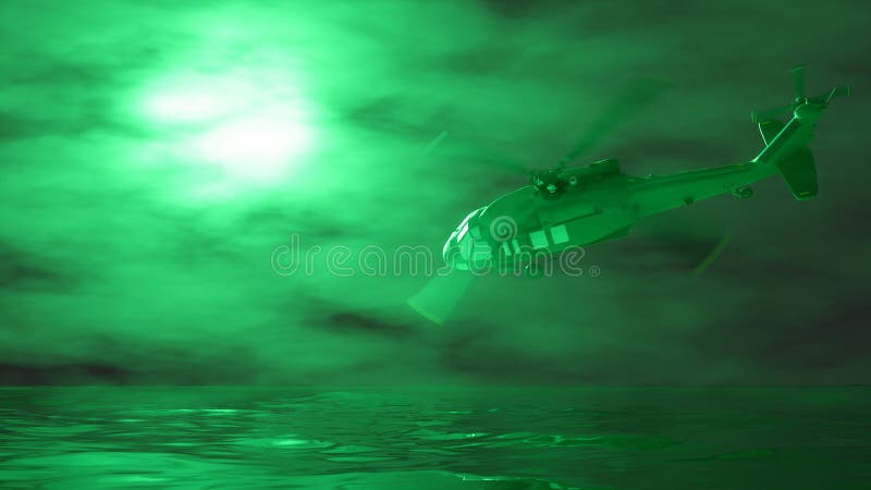 Helicopter Flying in the Fog in Green Lighting Stock Illustration ...