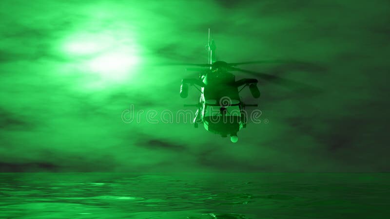 Helicopter Flying in the Fog in Green Lighting Stock Illustration ...