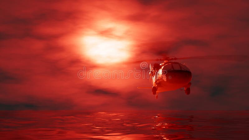 Helicopter Flying in the Fog in Red Lighting Stock Illustration ...