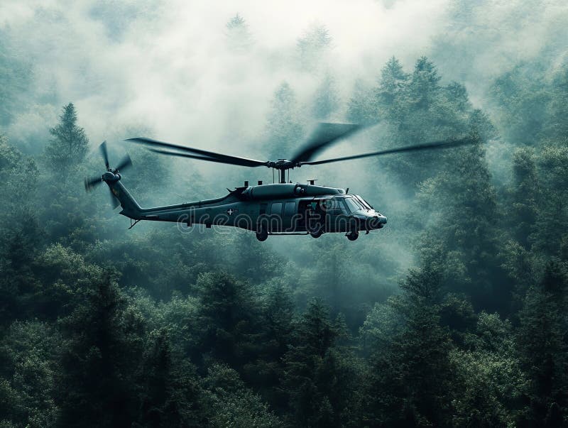 A Helicopter Flying through a Forest Filled with Trees Stock Image ...