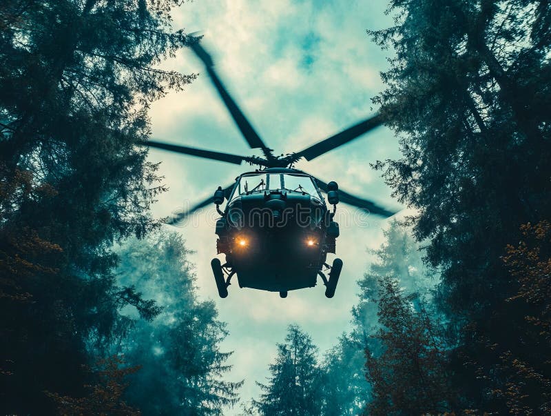 A Helicopter Flying through a Forest Filled with Trees Stock Image ...