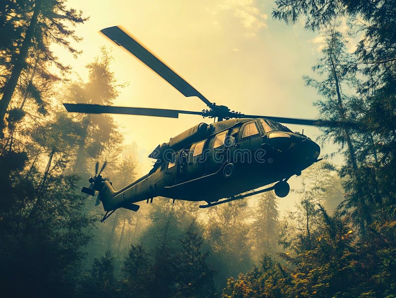 A Helicopter Flying through a Forest Filled with Trees Stock Image ...
