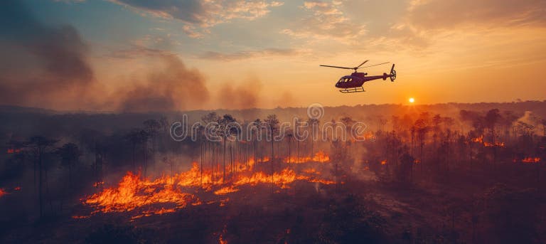Helicopter Flying Over Burning Amazon Rainforest at Sunset Stock Photo ...