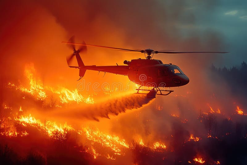 A Helicopter Flying Over a Burning Forest Scene Stock Photo - Image of ...