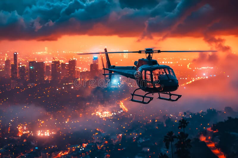 A Helicopter Flying Over a City at Night. Generative AI Stock Photo ...