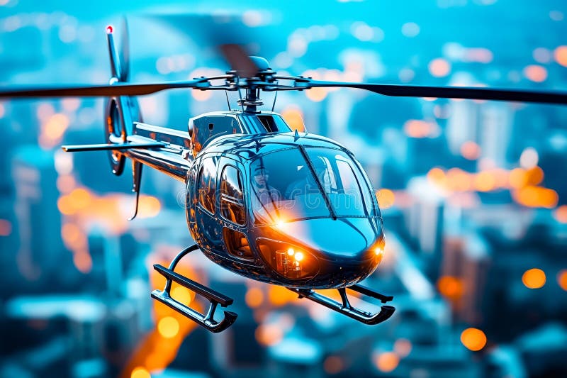 A Helicopter Flying Over a City at Night Stock Photo - Image of blue ...