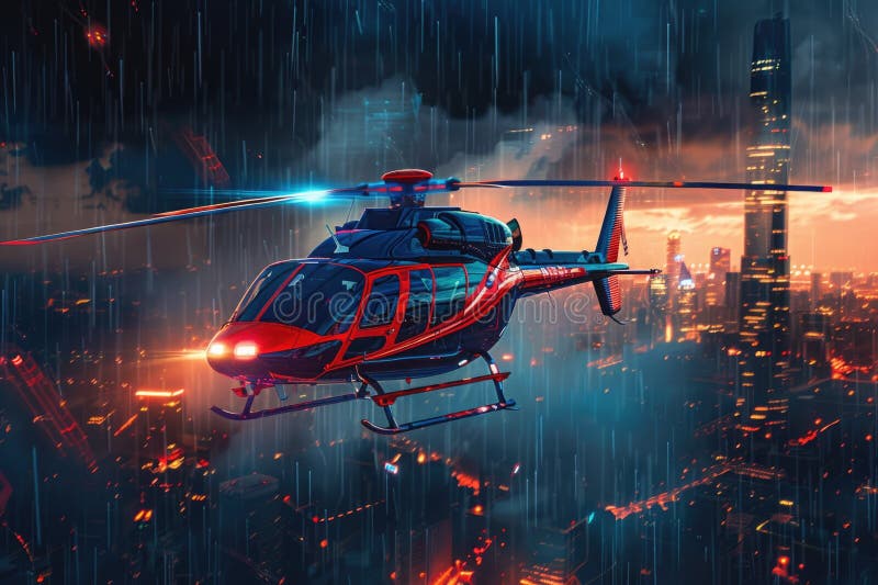 A Helicopter Flying Over a City Skyline at Night Stock Photo - Image of ...