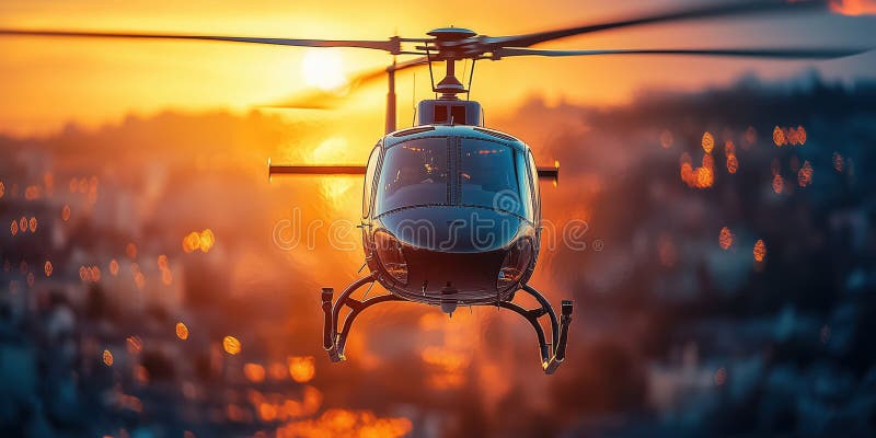 Helicopter Flying Over Cityscape during Vibrant Sunset, Creating ...