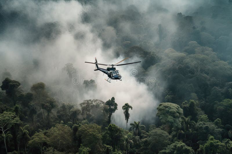 Helicopter Flying Over Dense Jungle, with Smoke Billowing from Below ...