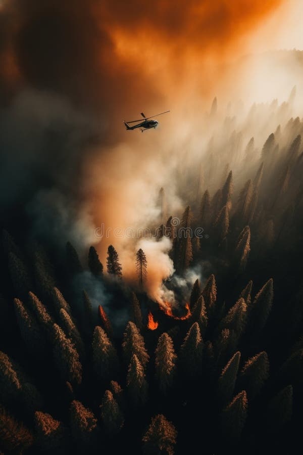 A Helicopter Flying Over a Forest Filled with Smoke. Generative AI ...