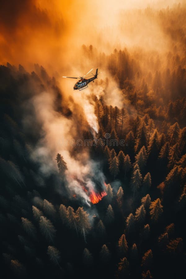 A Helicopter Flying Over a Forest Filled with Trees. Generative AI ...