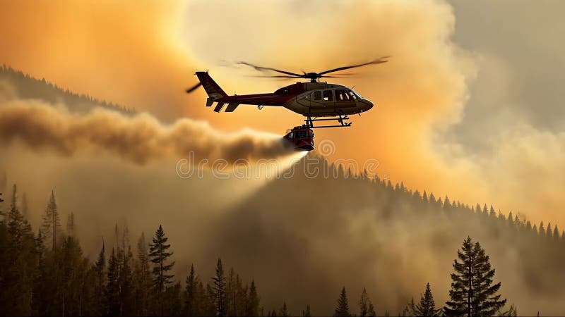 Helicopter is Flying Over a Forest with Smoke and Fire in the ...