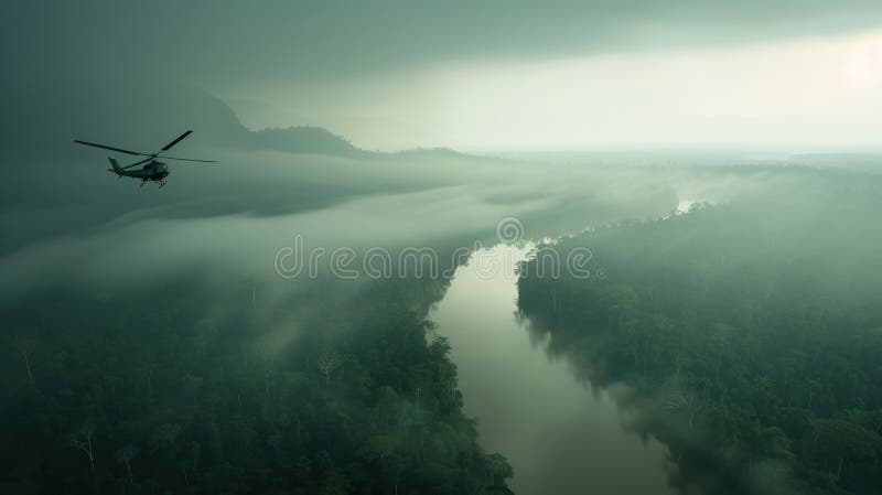 Helicopter Flying Over Misty Rainforest River at Sunrise Stock ...
