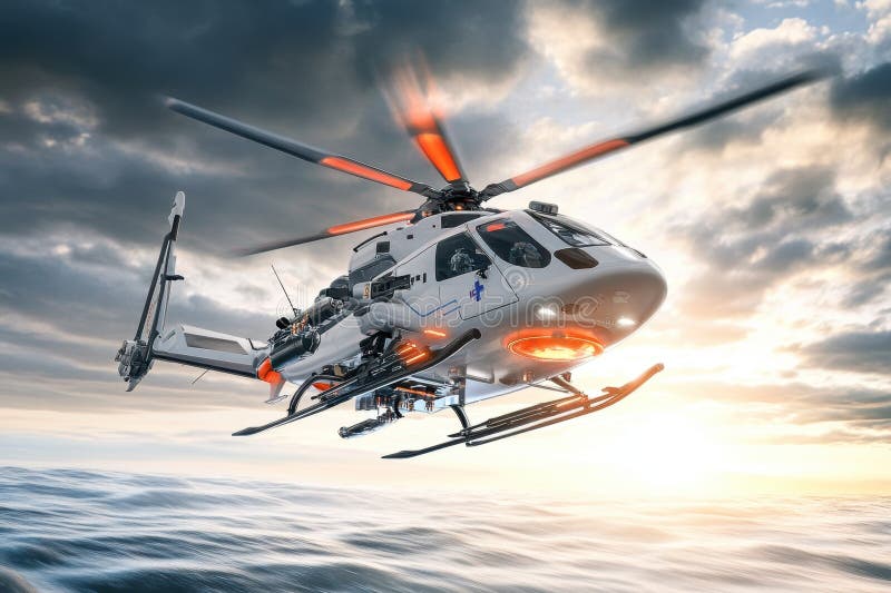 Helicopter Flying Over Ocean during Sunset with Dramatic Clouds and ...