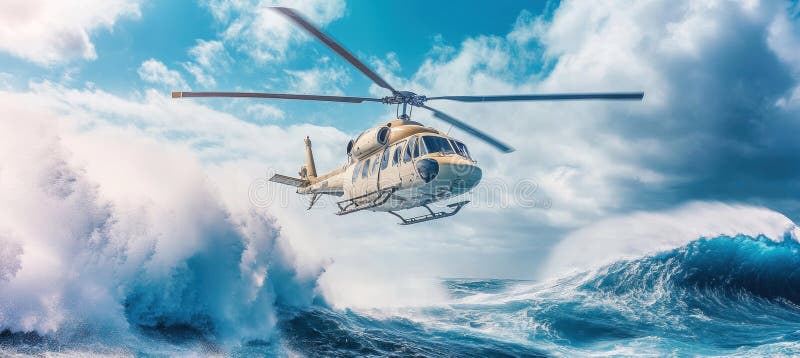 Helicopter Flying Over Ocean Waves during Storm with Cloudy Sky Stock ...