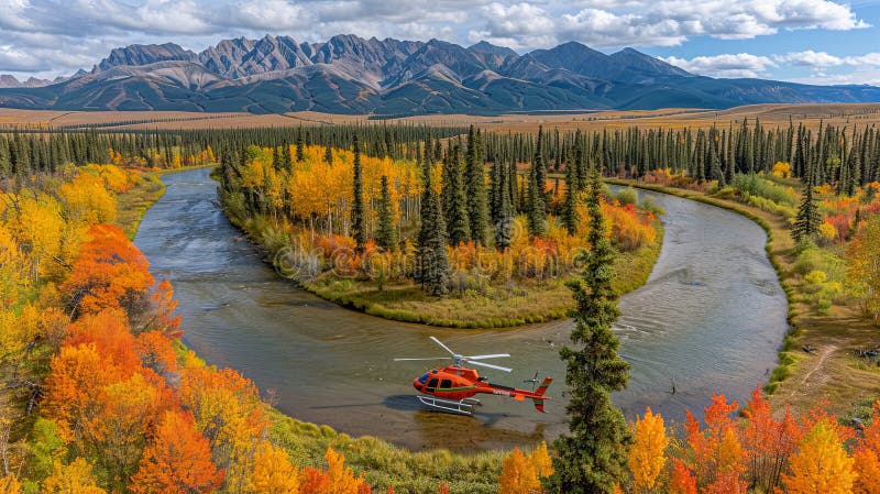 A Helicopter is Flying Over a River with Trees on Both Sides Stock ...