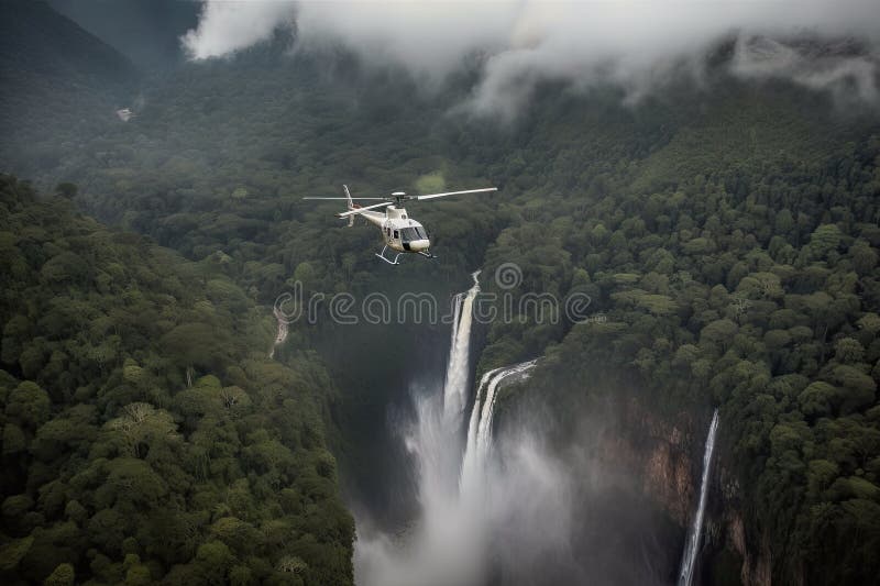 Helicopter Flying Over Smoking Jungle, with View of Distant Waterfall ...