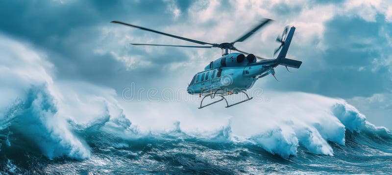 Helicopter Flying Over Stormy Ocean Waves during a Rescue Mission Stock ...