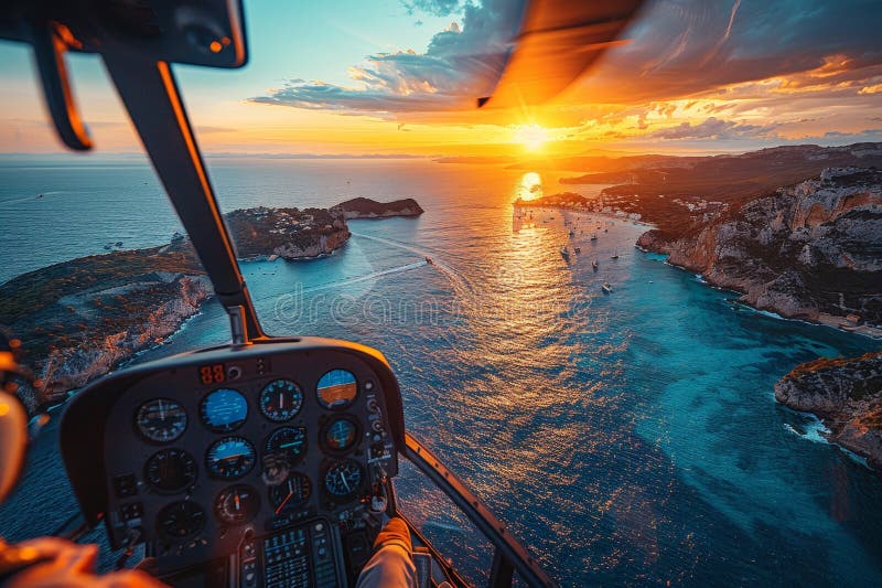 Helicopter Flying Over the Sunny Sea with a Captivating Interior View ...