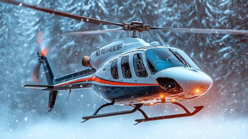 Helicopter Flying through Snowy Forest in Winter Stock Image - Image of ...