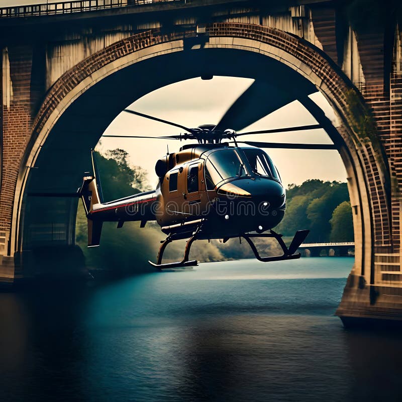 Helicopter Flying Under a Bridge - Ai Generated Image Stock ...