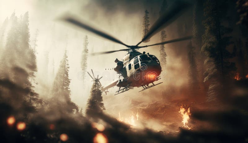 Helicopter in the Forest. Fire Fighting Scene Stock Illustration ...